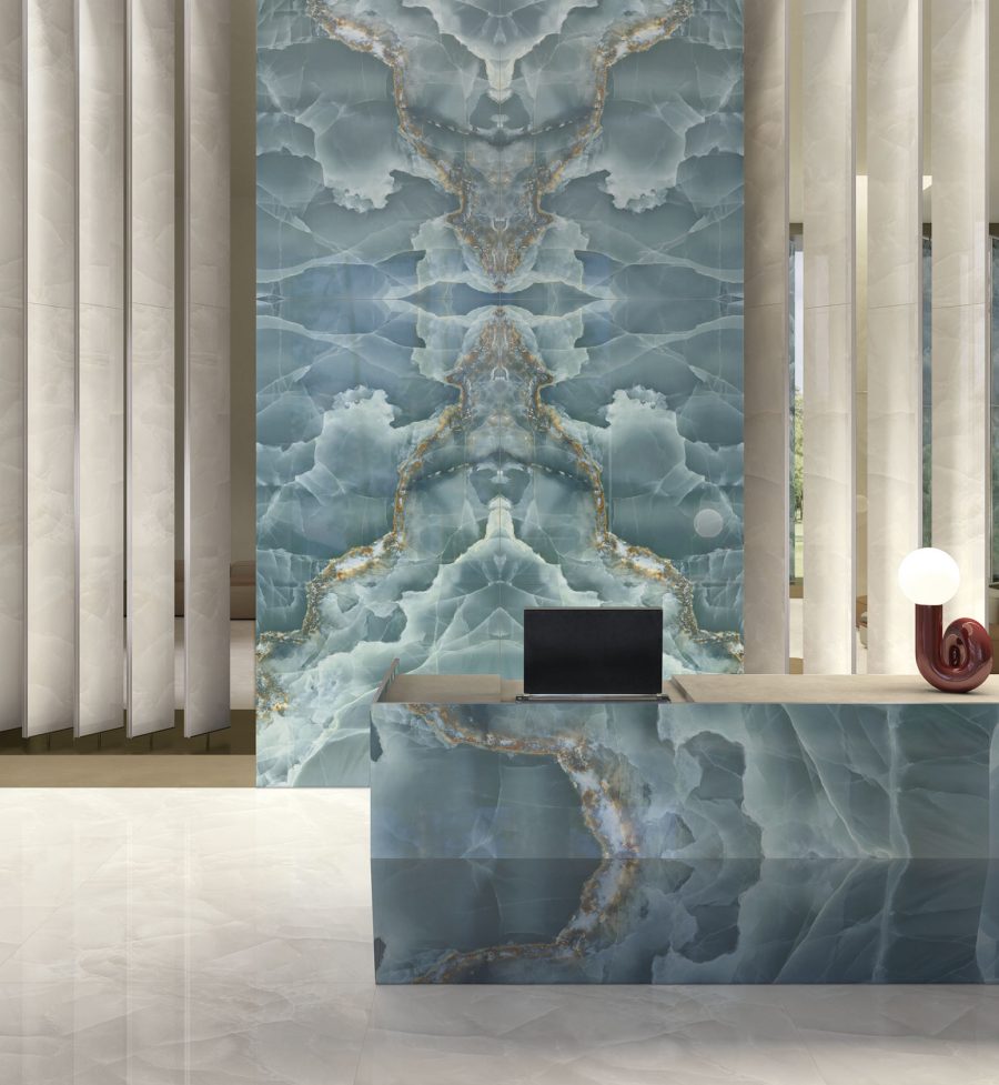 Elevate your space with the powerful impact of porcelain bookmatched ...
