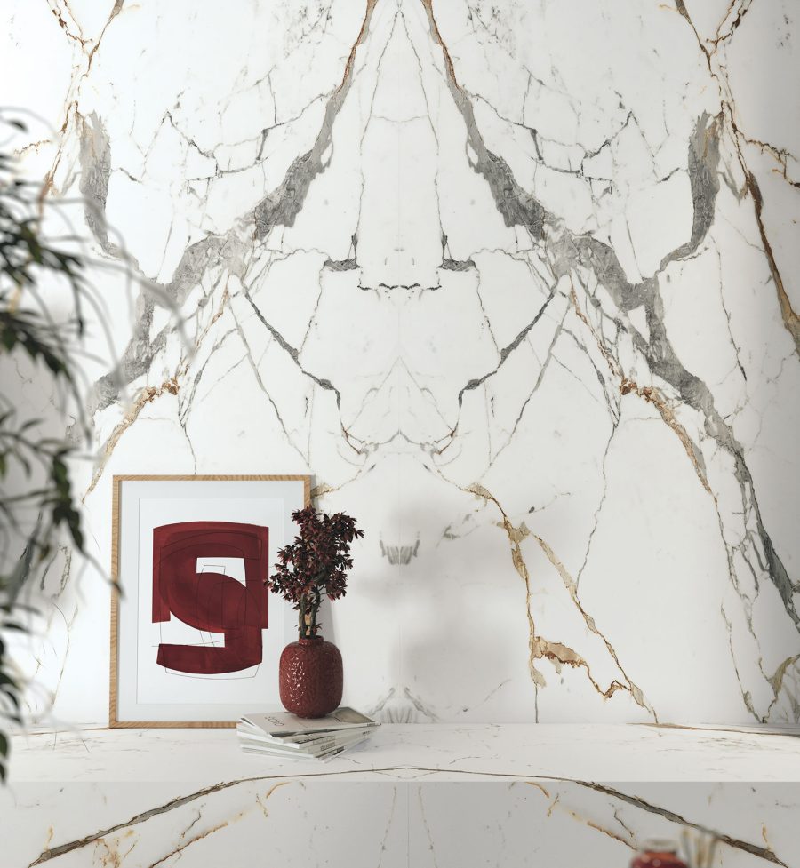 Elevate your space with the powerful impact of porcelain bookmatched ...
